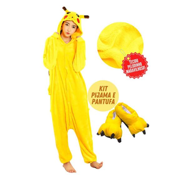 Kit Pijama Pikachu com Pantufa Fantasia Kigurumi Unissex Peludinho ...
