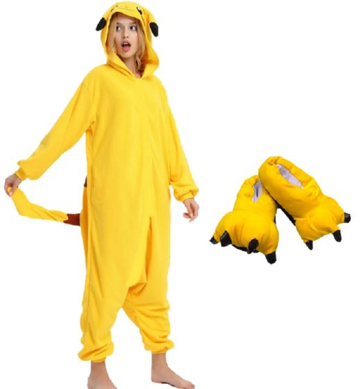 Kit Pijama Pikachu e Pantufa Amarela Fantasia Kigurumi Macacão com ...