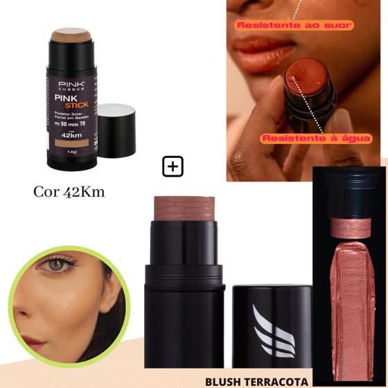 KIT Pink Stick Protetor Solar Cor 42KM + Blush em Bastão Blush All In ...