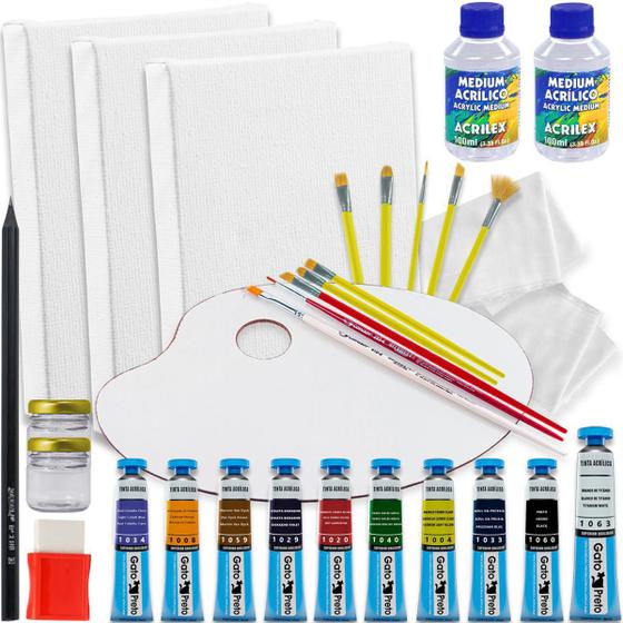 Kit Pintura 3 Telas +Paleta + 9 Pinceis +Potinho + 9 Tintas ...
