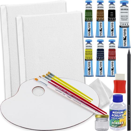 Kit Pintura A Óleo Com 2 Telas +7 Tintas +6 Pincéis +Paleta ...