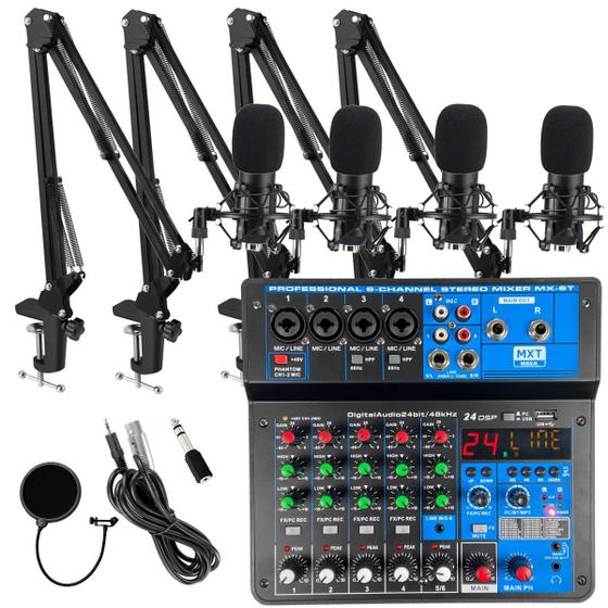 Kit Podcast 4 Microfones Condensador + Mesa De Som Interface 6 Canais ...