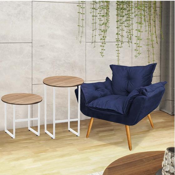 Kit Poltrona Opala com 2 Mesas Will Ferro Branco Tampo Redondo Castanho ...