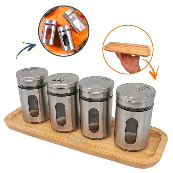 Kit Porta Tempero Condimento Saleiro Aço Inox Resistente + Mini Suporte ...