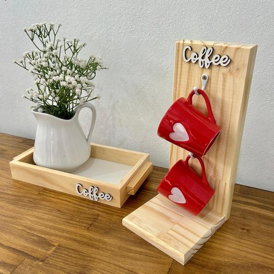 Kit Porta Xícara e Bandeja Decorativa Coffee de Madeira Pinus Cantinho ...