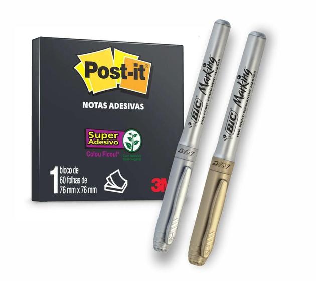 Kit Post-It Preto 3M-60 Folhas 7,6X7,6Cm+2 Canetas Bic Metal - R+ ...