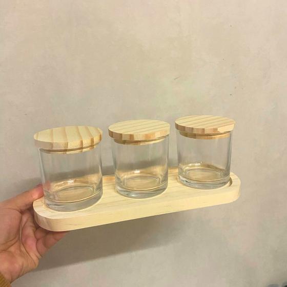 KIT Pote de Mantimentos de vidro com Tampa de Madeira 265ml + Bandeja ...
