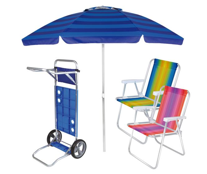 Kit Praia Carrinho De Praia + 2 Cadeira Alta Alumínio + Guarda Sol 2,4m ...