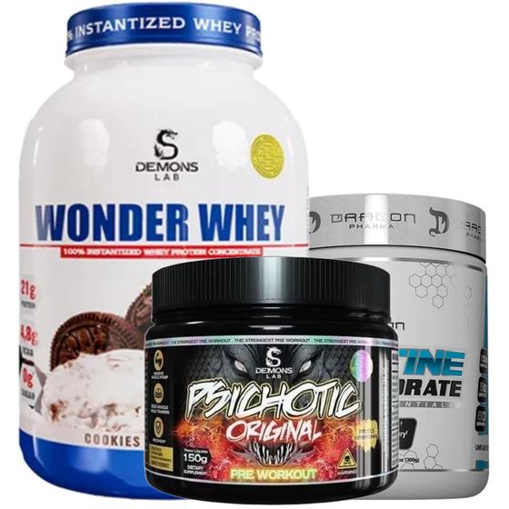Kit pré treino psichotic original 150g + wonder whey 900g + creatina importada 300g - DEMONS LAB ...