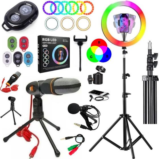 Kit Profissional Luz Ring Light Rgb Tripé Microfone Gravação Youtuber ...