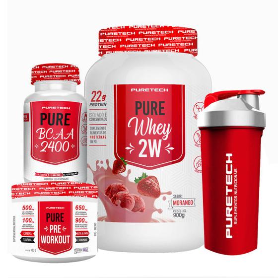 Kit Puretech Whey 2w 900g Bcaa 2400 120 Caps Pré Treino 100g