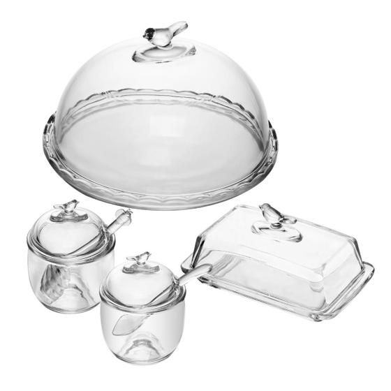 Kit Queijeira Manteigueira Açucareiro com Colher Meleira de Cristal c ...