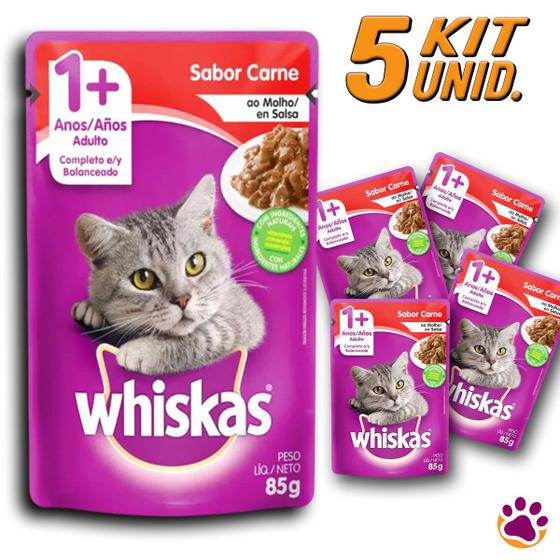 Kit Ração Úmida Whiskas Sachê Sabor Carne para Gatos Adultos - 85g - 5 ...