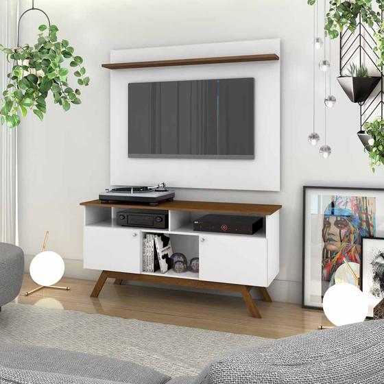 kit rack e painel de tv 42 polegadas largura 140 cm MDF pé palito cor Marrom Madeira e Branco ...