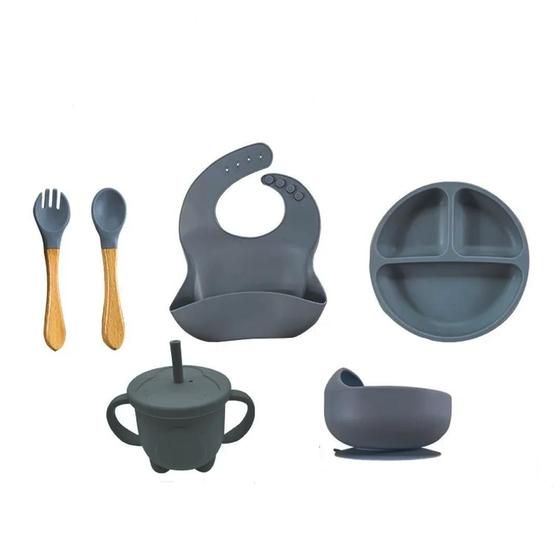 Kit Refeição Bebê Silicone Colher Pratinho Babador Infantil Ventosa 6 ...