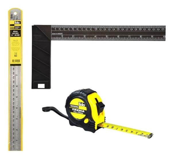 Kit Régua 30cm + Esquadro De Alumínio 12'' + Trena 5m - Eda - Material ...