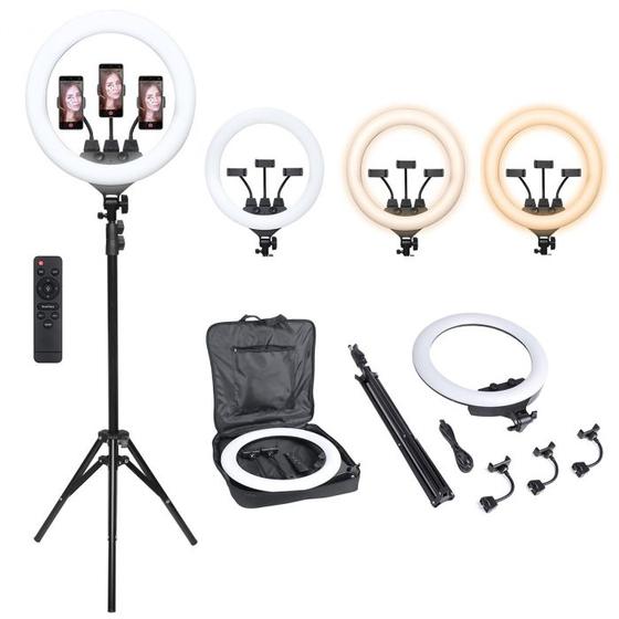 Kit ring light led 46cm 18 polegadas com tripe 2,1 metros e suporte para 3 celulares ate 8 ...