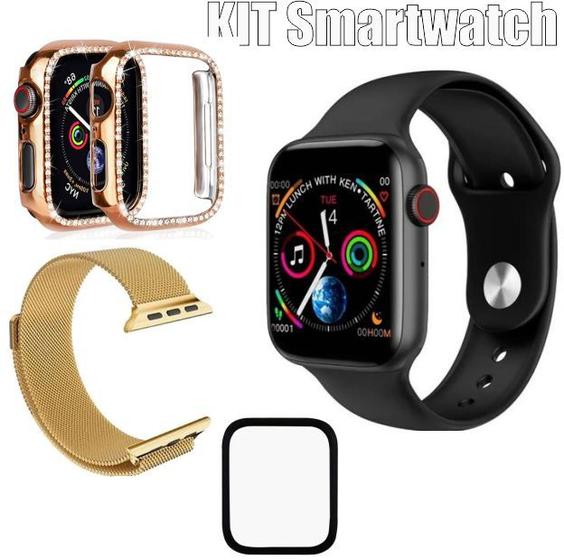 Kit Smartwatch W34S Preto + Case Bumper Strass + Pulseira A Milanese ...