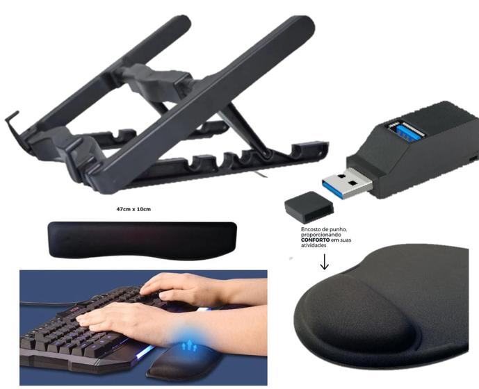 Kit Suporte P/ Notebook, Mousepad e Apoio P/ Teclado Preto Liso + Hub ...