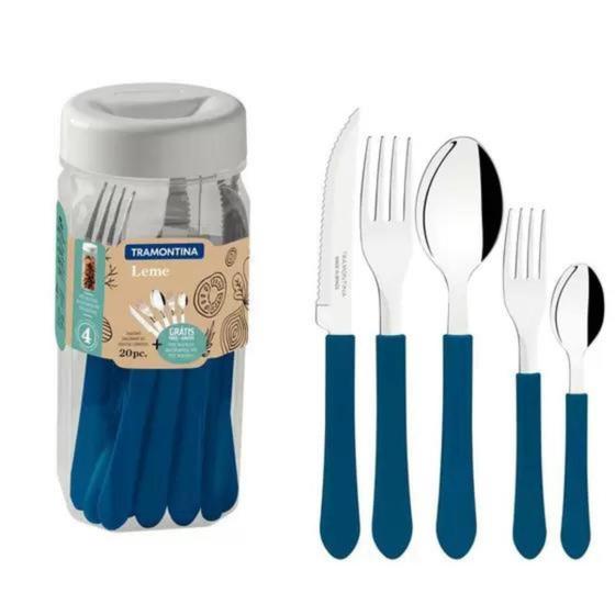 Kit Talheres 20 peças Faqueiro Inox Leme Pote Plástico Tramontina ...