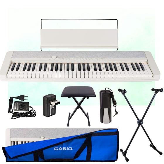 Kit Teclado Casio CTS1 WH 5/8 61 Timbres Piano Com Banco Suporte Pedal ...