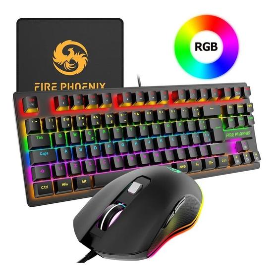 Kit Teclado Mecânico E Mouse Gamer Rgb Switch Blue Abnt2 - Fire Phoenix ...