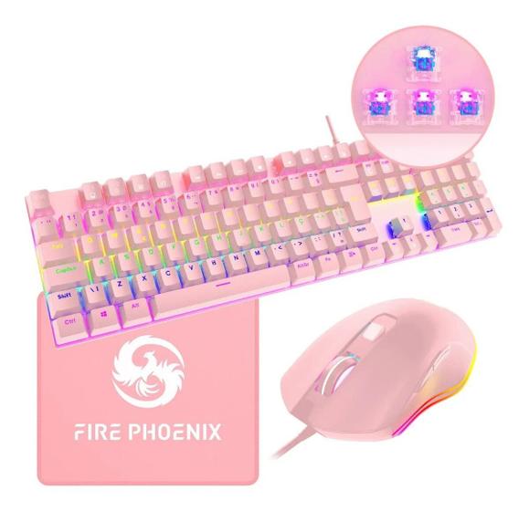 Kit Teclado Mecânico E Mouse Gamer Rgb Switch Blue Abnt2 ROSA - Fire ...