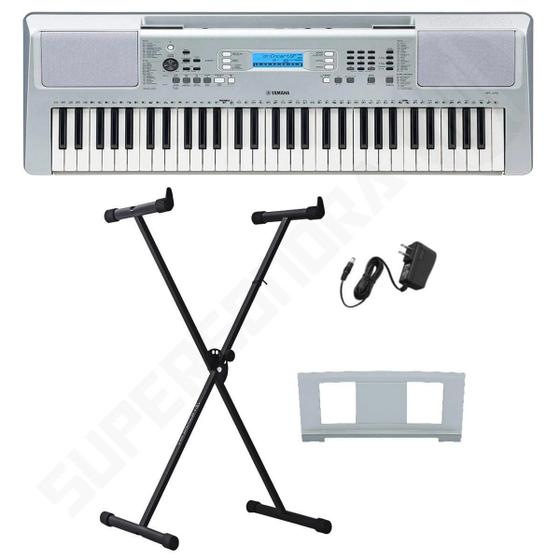 Kit Teclado Musical Arranjador YPT 370 Yamaha Prata 61 Teclas + Suporte ...