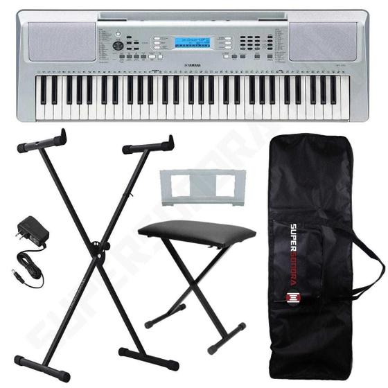 Kit Teclado Musical Arranjador YPT 370 Yamaha Prata 61 Teclas + Suporte ...