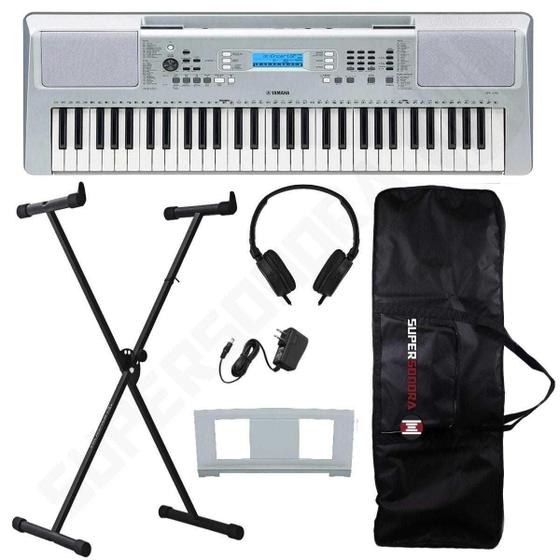 Kit Teclado Musical Arranjador YPT 370 Yamaha Prata 61 Teclas + Suporte ...