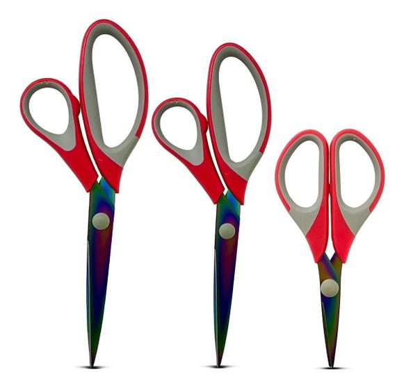 Kit Tesoura De Titânio Cabo Emborrachado Soft 3 Tesouras Afiadas Corte ...