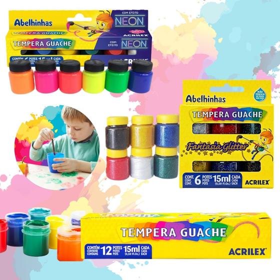Kit Tinta Guache Tempera 24 Cores 15ml Acrilex Cores Básicas Neon e ...