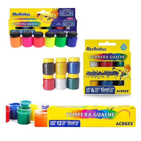 Kit Tinta Guache Tempera 24 Cores 15ml Acrilex Tons Básicos Neon e Glitter Ideal para Uso ...
