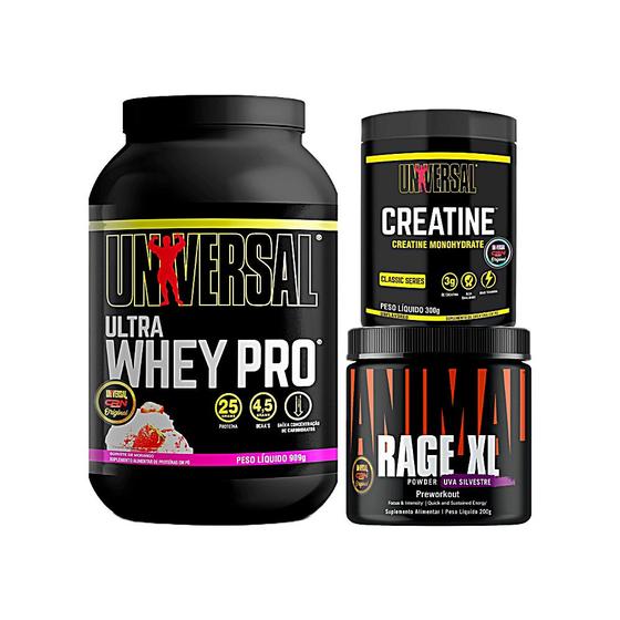 Kit Ultra Whey Pro 909g + Pré Treino Animal Rage XL 221g + Creatine ...