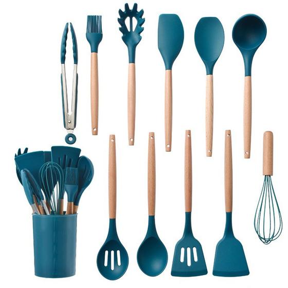 Kit Utensílios De Cozinha Jogo 12 Peças Cabo Madeira E Silicone (AZUL ...