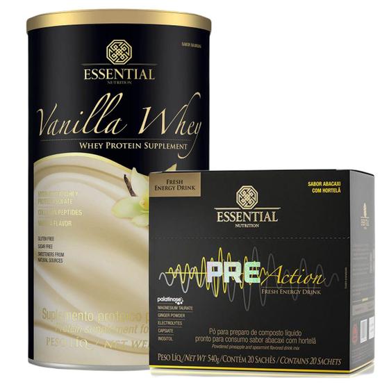 Kit Vanilla Whey Protein 450g + Pre-Action Energy 27g (540g) 20 un Essential - Essential ...