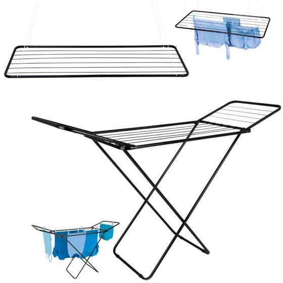 Kit Varal de Teto 120 Cm Preto + Kit Instalacao + Varal de Chao com ...