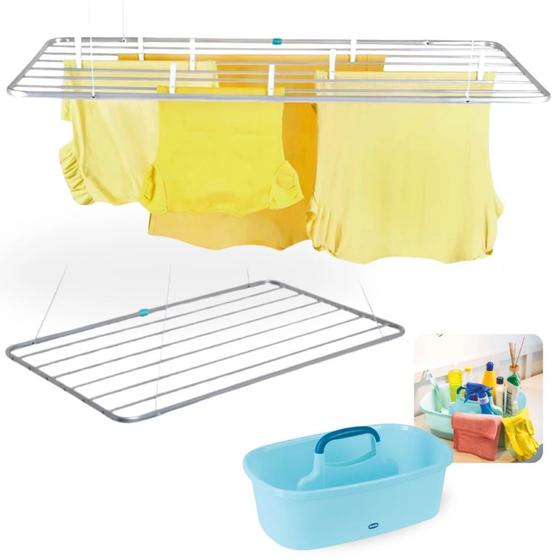 Kit Varal de Teto com 120 Cm em Aluminio + Cesto Organizador Multiuso ...