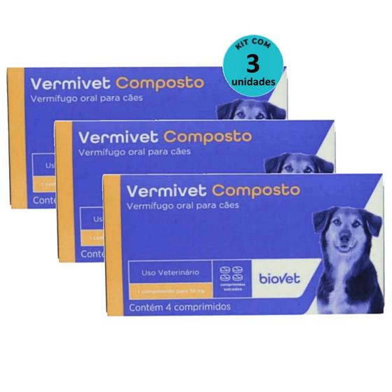 Kit Vermífugo Vermivet Composto Biovet 600mg c/ 4 Comprimidos C/ 3 ...