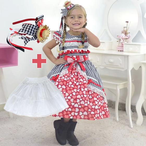 Kit Vestido Festa Junina - xadrez + Saia de filó + Tiara cabelo - Moderna Meninas - Vestido ...