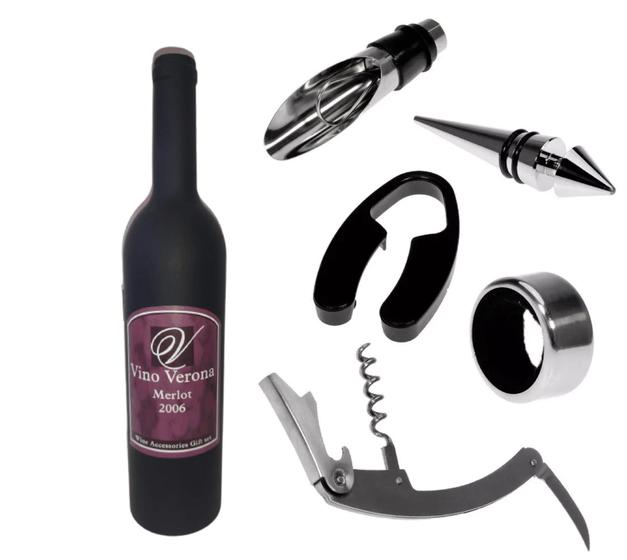Kit Vinho 6 Peças Abridor Saca Rolha Tampa Anel Garrafa Case - emp ...