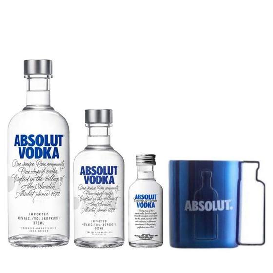Kit Vodka Absolut com Copo Personalizado - 1 Absolut 375ml, 1 Absolut 200ml, 1 Absolut 50ml ...