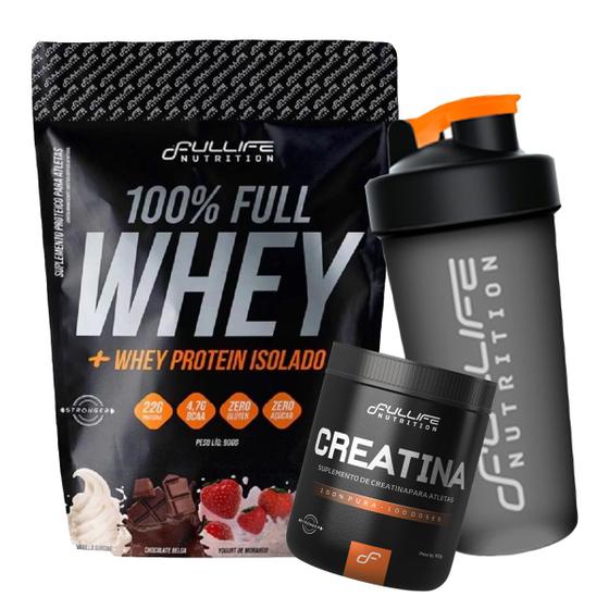 Kit Whey Isolado Concentrado 900g + Creatina Micronizada Pura 300g + Coqueteleira 600ml Fullife ...