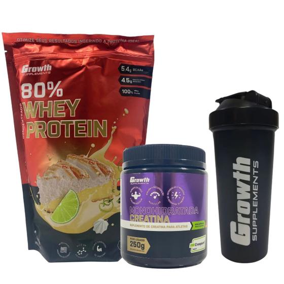 Kit Whey Protein 80 1kg Creatina Growth Coqueteleira Growth