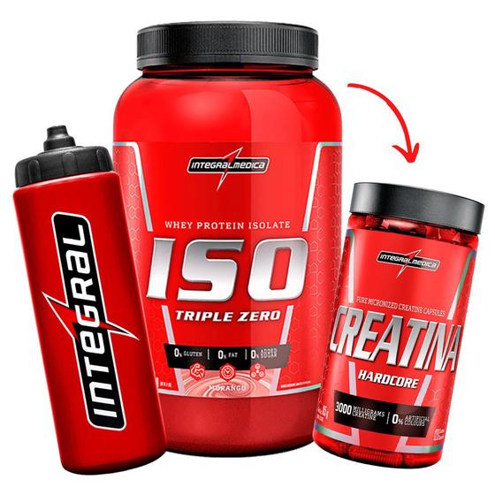Kit Whey Protein Iso Triple Zero 900g + Creatina 120 Cápsulas + Garrafa ...
