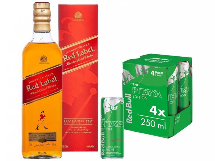 Kit Whisky Johnnie Walker Red Label Escocês - 750ml + Red Bull Pitaya ...