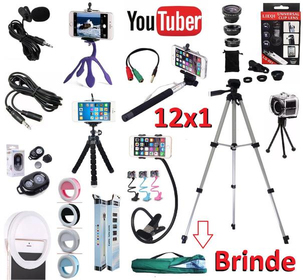 Kit Youtuber 12x1 Tripé 1,30m Microfone de Lapela Celular + Flash ...