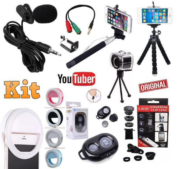 Kit Youtuber 9x1 Profissional Microfone de Lapela Celular Universal 2 ...