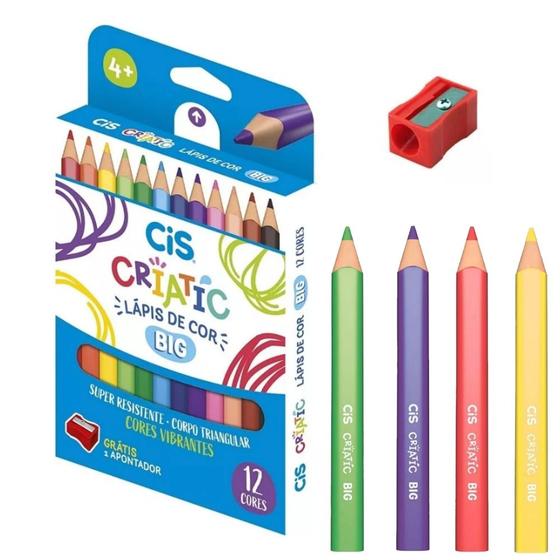 Lápis de Cor Jumbo CIS Triangular Criatic com 12 Cores Escolar Infantil ...