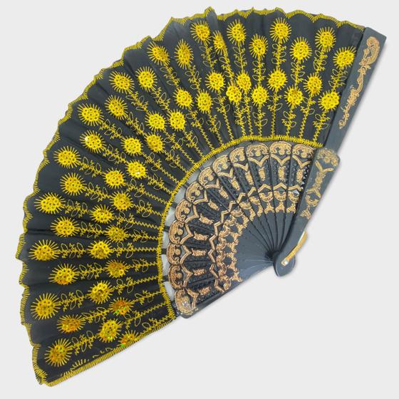 Leque Pomba Gira Cigana amarelo paetê luxo estampado com brilho - Lua ...